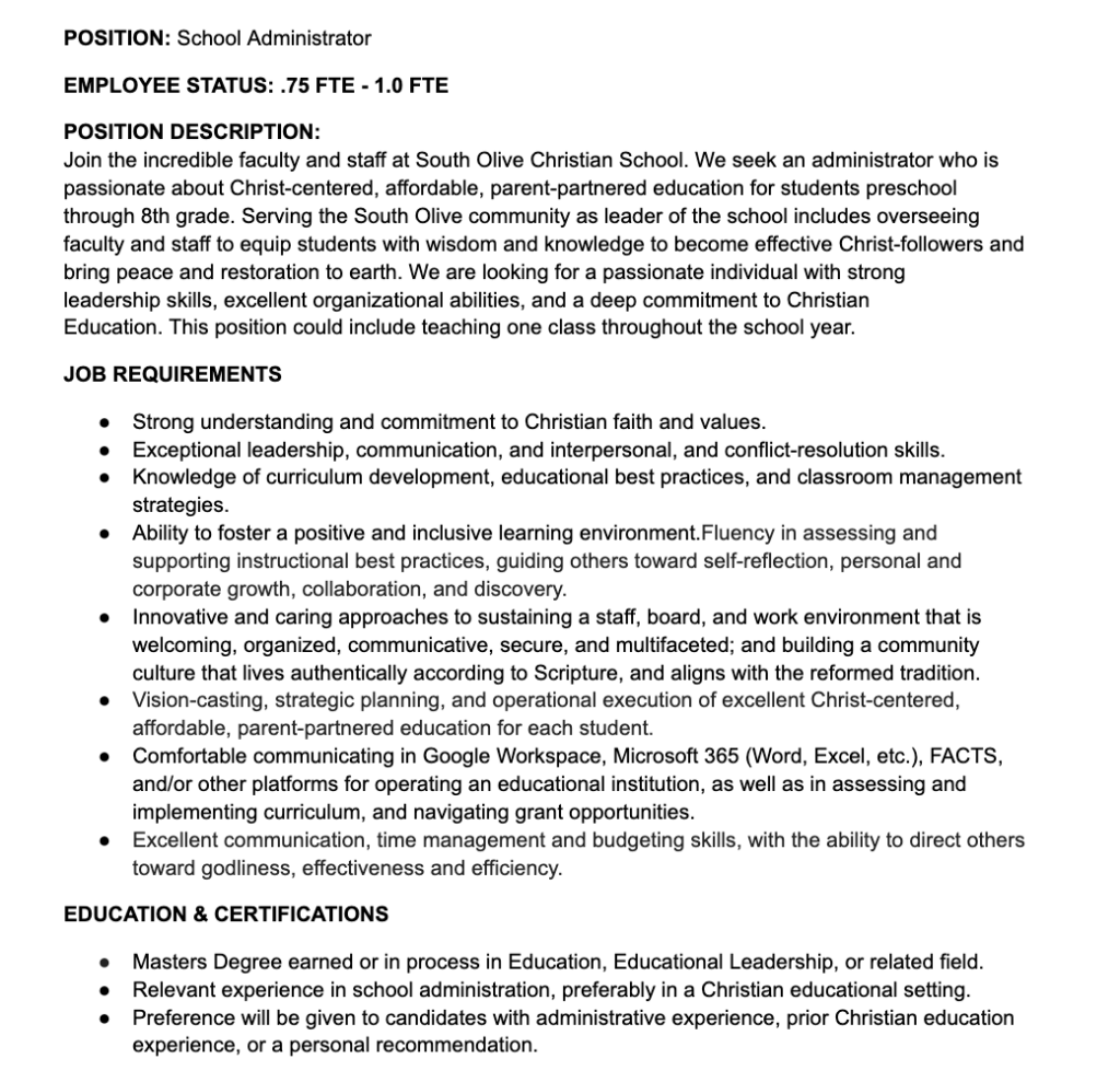 Employment - South Olive Christian School